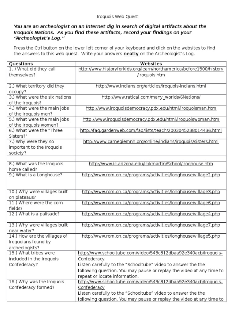 Iroquois Webquest Websites | PDF | Iroquois | Indigenous Peoples Of ...