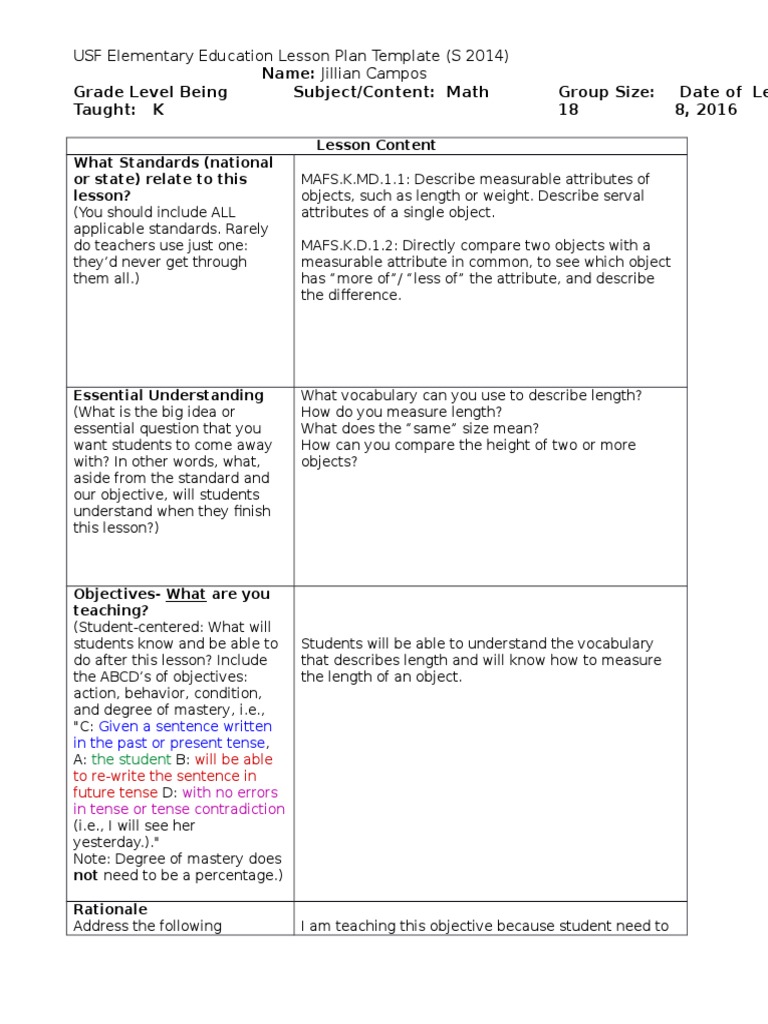 Kindergarten Math Lesson Plan: Length Measurement | PDF | Teaching ...