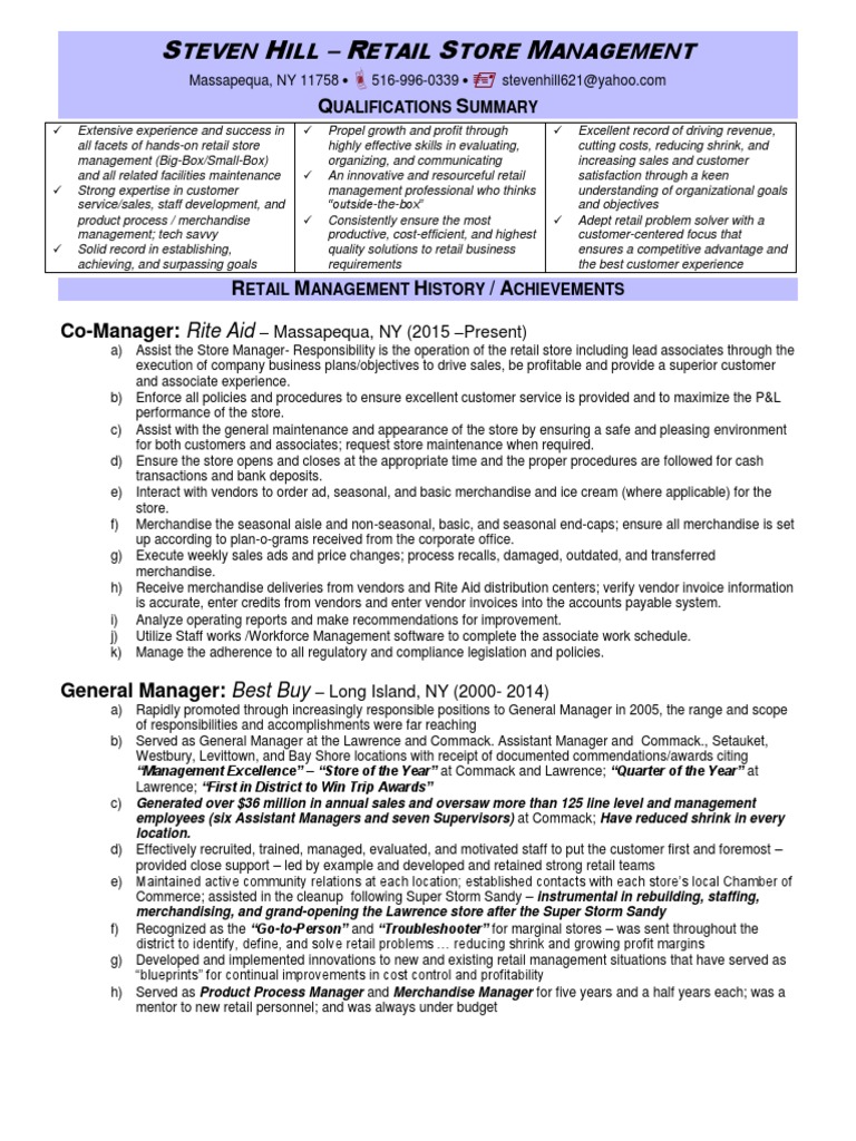 Retail Store Operations Manager in New York City Resume Steven Hill ...