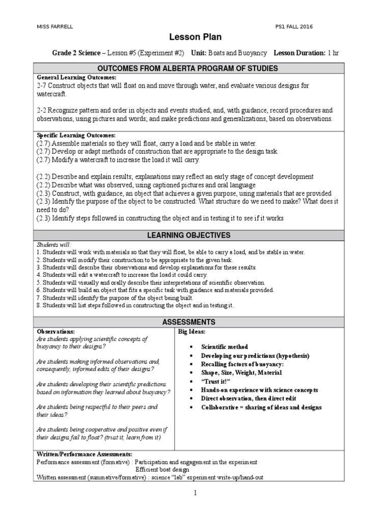 ps1 - science lesson plan 5 | Experiment | Educational Assessment