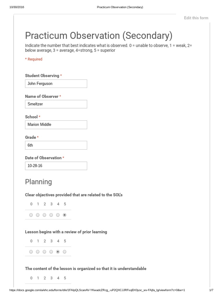 Practicum Observation Secondary Pdfobservation of John Ferguson 10-28 ...