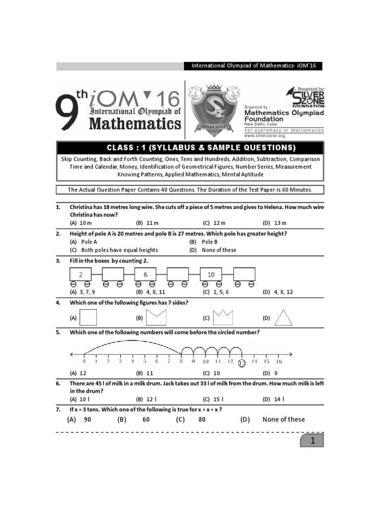 iOM'16 Class 1 Math Sample Questions | PDF | Teaching Methods & Materials