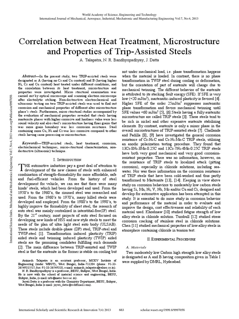 Correlation Between Heat Treatment Microstructure and Properties of Trip Assisted Steels | PDF ...