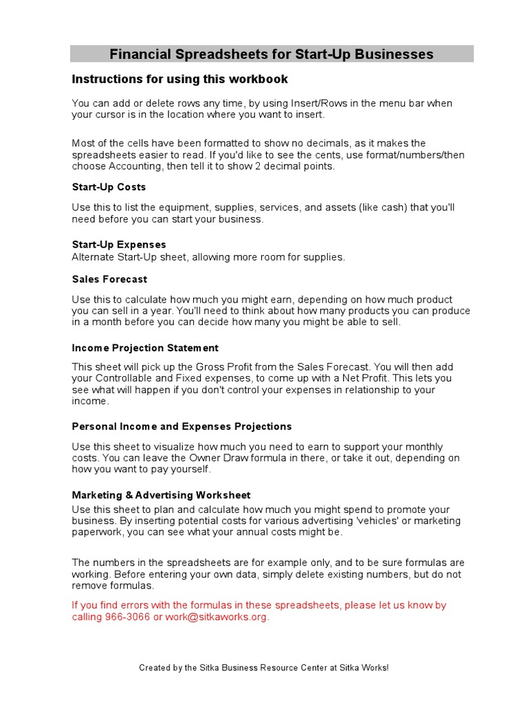 Financial Spreadsheets For Start-Up Businesses: Instructions For Using ...