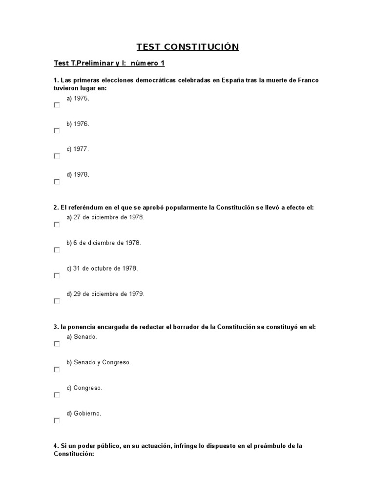 Test Constitucion Española Oposiciones Pdf Derecho Constitucional