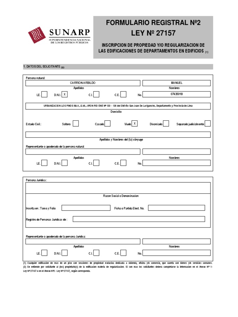 Formulario Nº2 Ley 27157 Carrion PDF | PDF | Ley común | Gobierno
