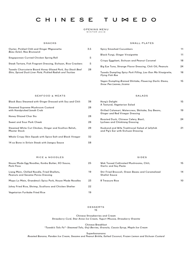 Chinese Tuxedo Menu