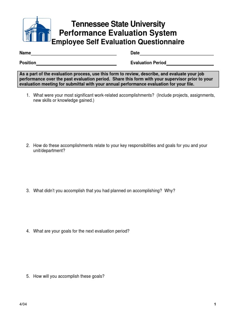Questionnaire Employee Self Evaluation Template | PDF