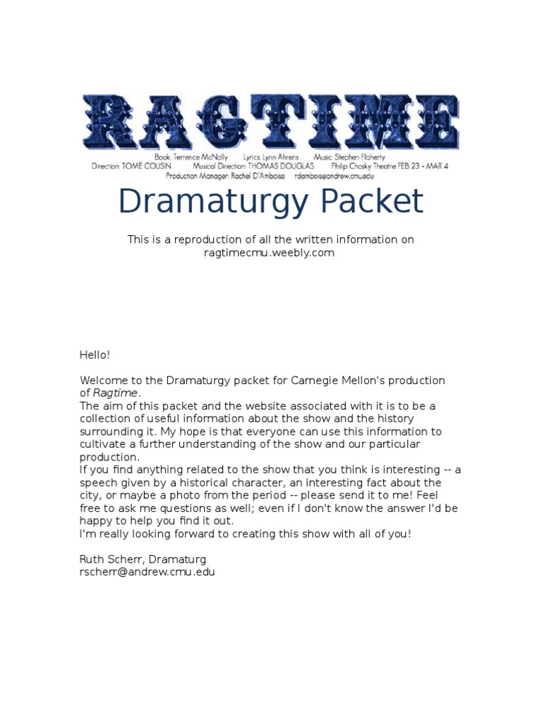 Ragtime Dramaturgy Packet | PDF | Harry Houdini | J. P. Morgan