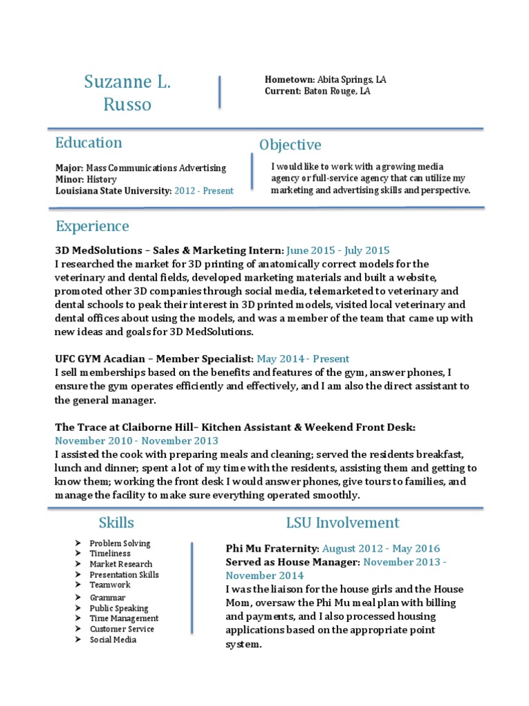 Suzanne Russo's Marketing Resume | PDF | Meal | Market (Economics)