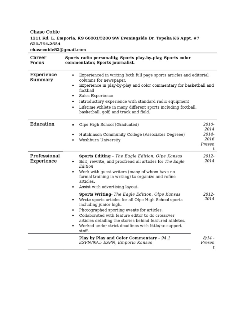 Chase Coble Resume | PDF | Mass Media | Leisure