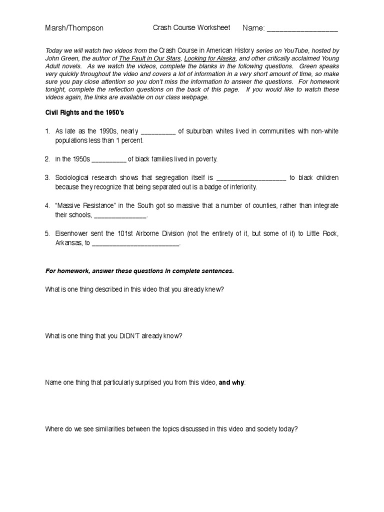 Crash Course Worksheet | PDF | African American Civil Rights Movement ...