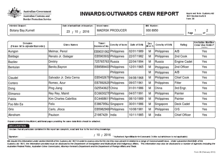 Australian Customs Crew Report Form 3B | PDF
