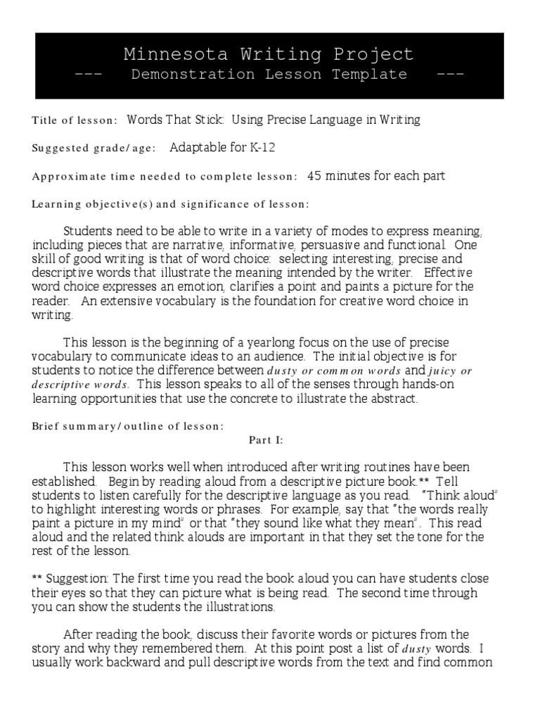 Minnesota Writing Project: - Demonstration Lesson Template | PDF ...