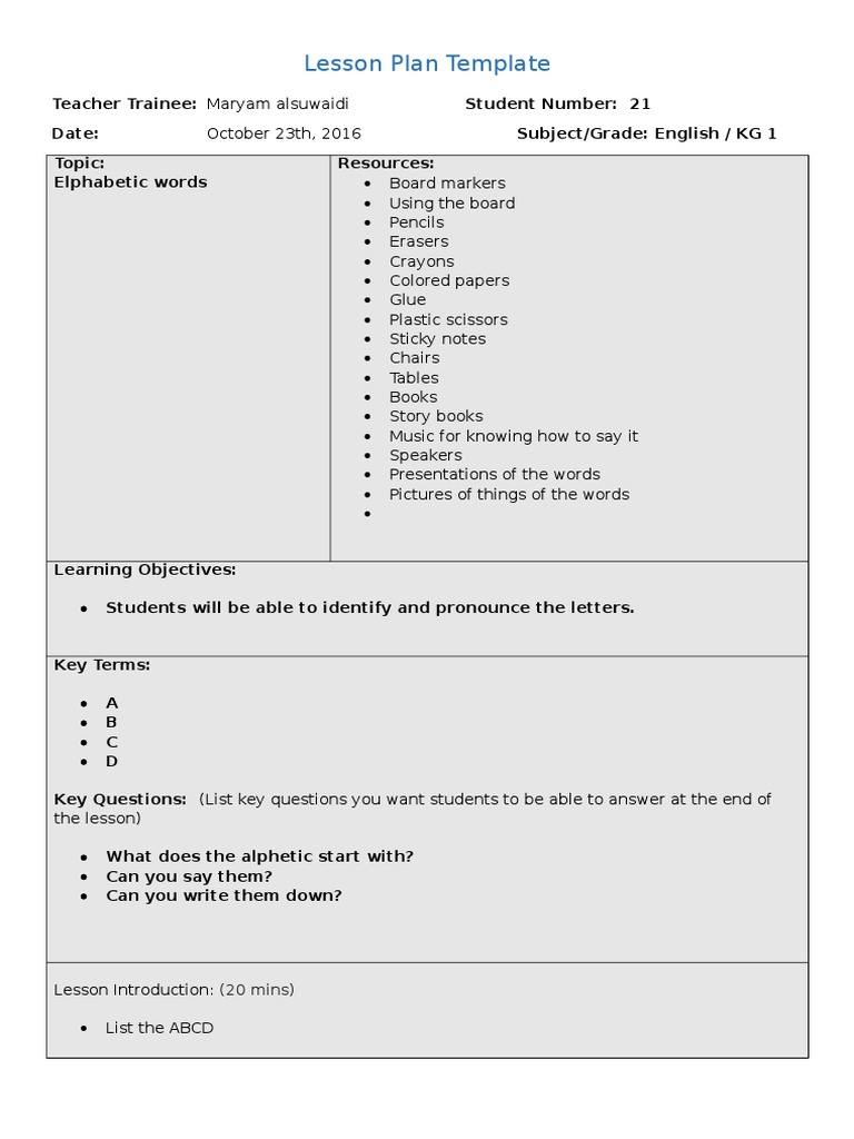 Lesson Plan Template: (20 Mins) | PDF | Career & Growth | Foreign ...