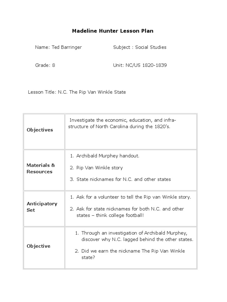 Madeline Hunter Lesson Plan: Objectives | PDF