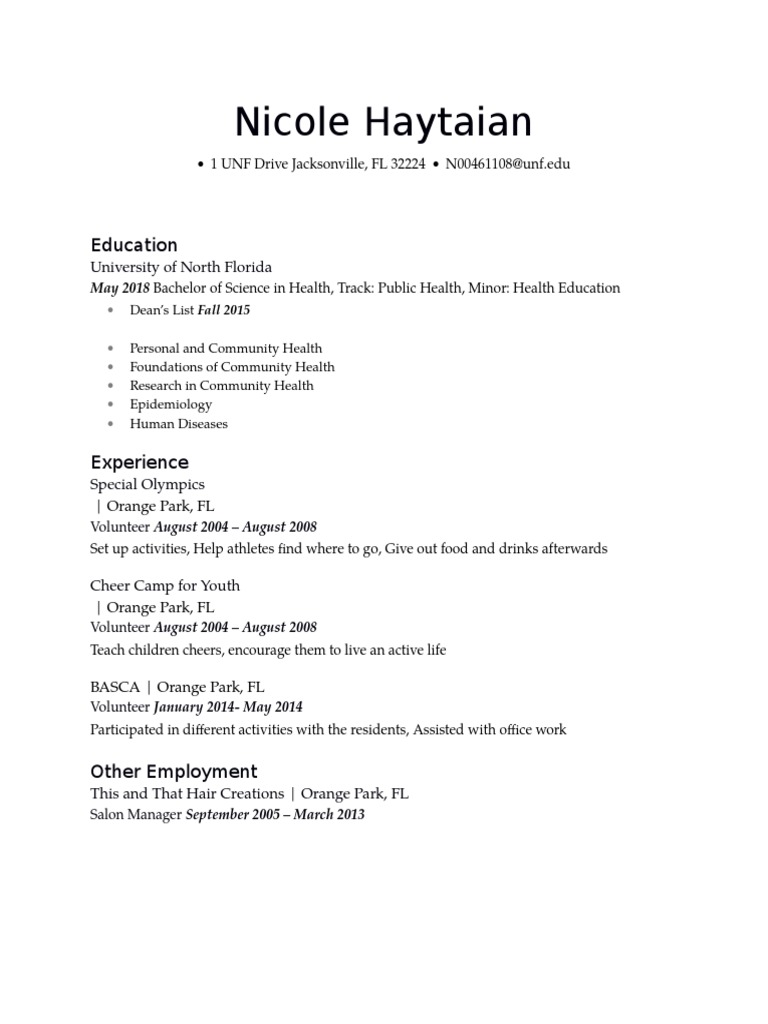 Nicole Haytaian: Health Graduate Resume | PDF | Self-Improvement