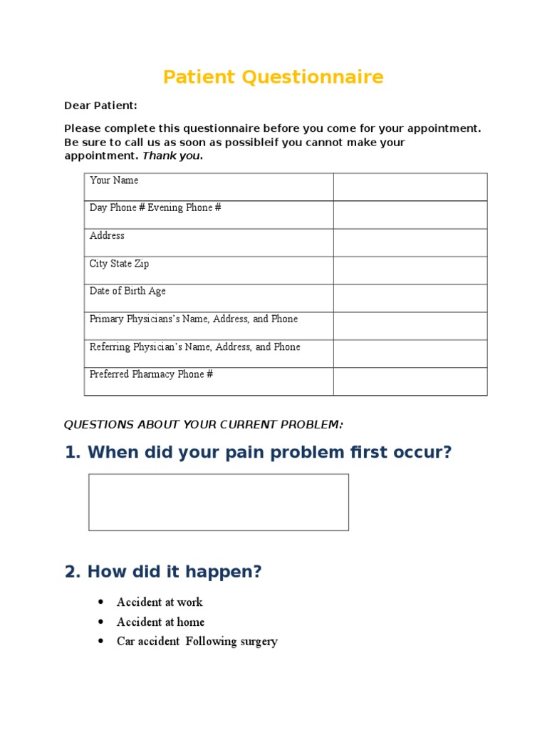 Patient Questionnaire: 1. When Did Your Pain Problem First Occur? | PDF ...