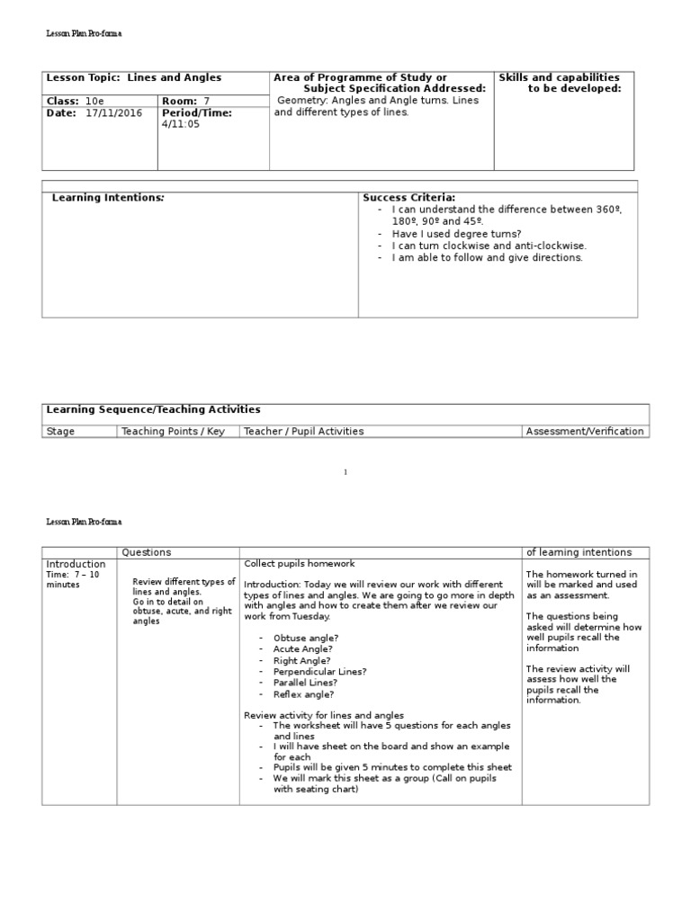Lesson Plan Pro-Forma | Download Free PDF | Worksheet | Lesson Plan