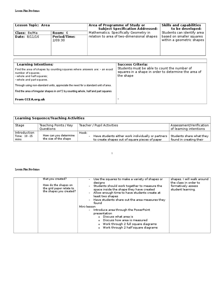 Lesson Plan Pro-Forma | PDF | Shape | Lesson Plan