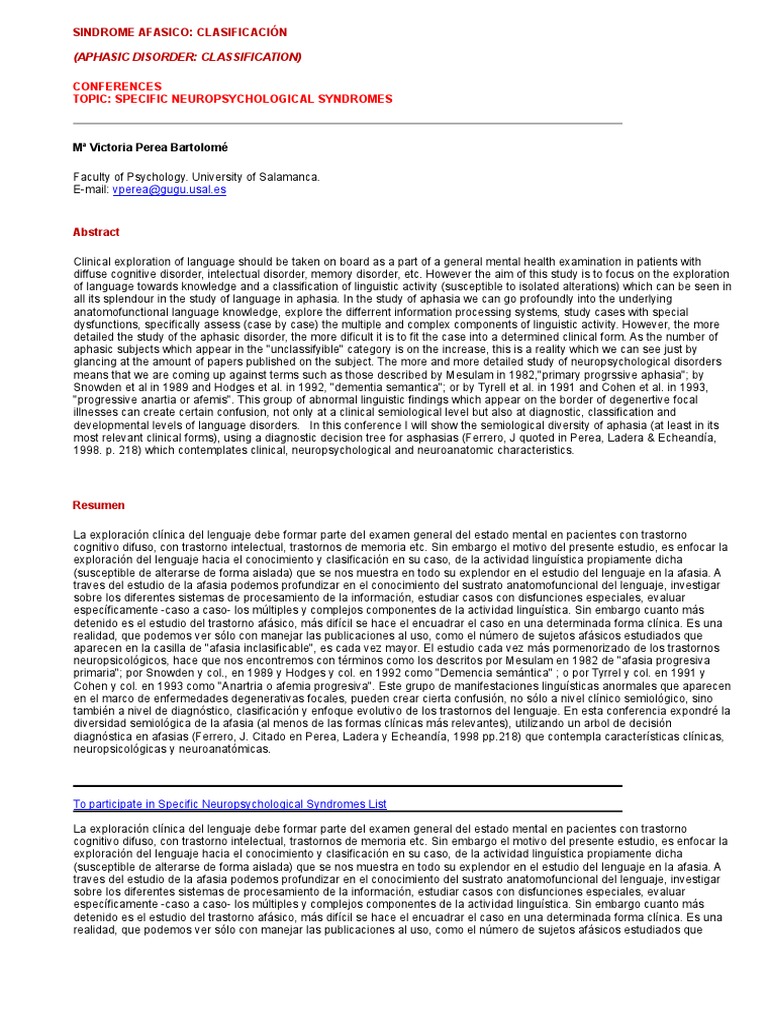 M Victoria Perea Bartolomé: Vperea@gugu - Usal.es | PDF | Aphasia ...