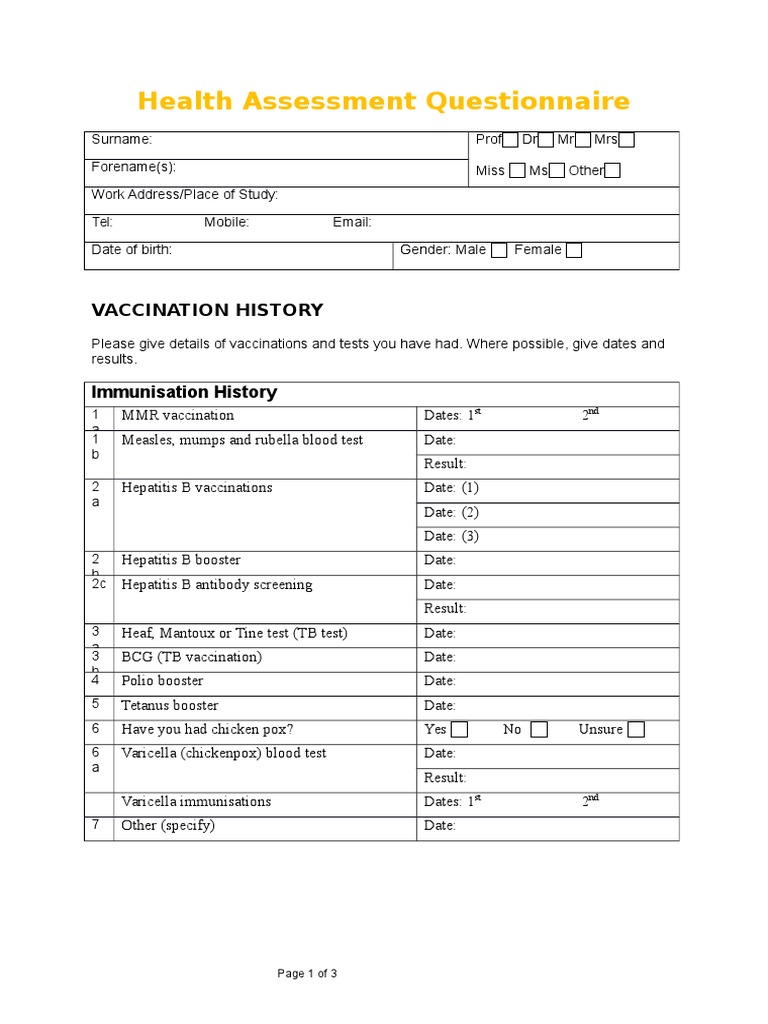 Comprehensive Health Assessment Form | PDF | Vaccines | National Health ...