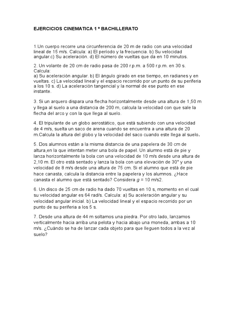 Ejercicios Cinematica 1 º Bachillerato | PDF