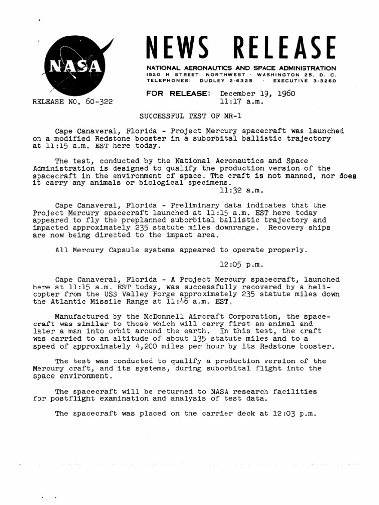 MR-1A Press Kit | PDF | Project Mercury | Space Colonization