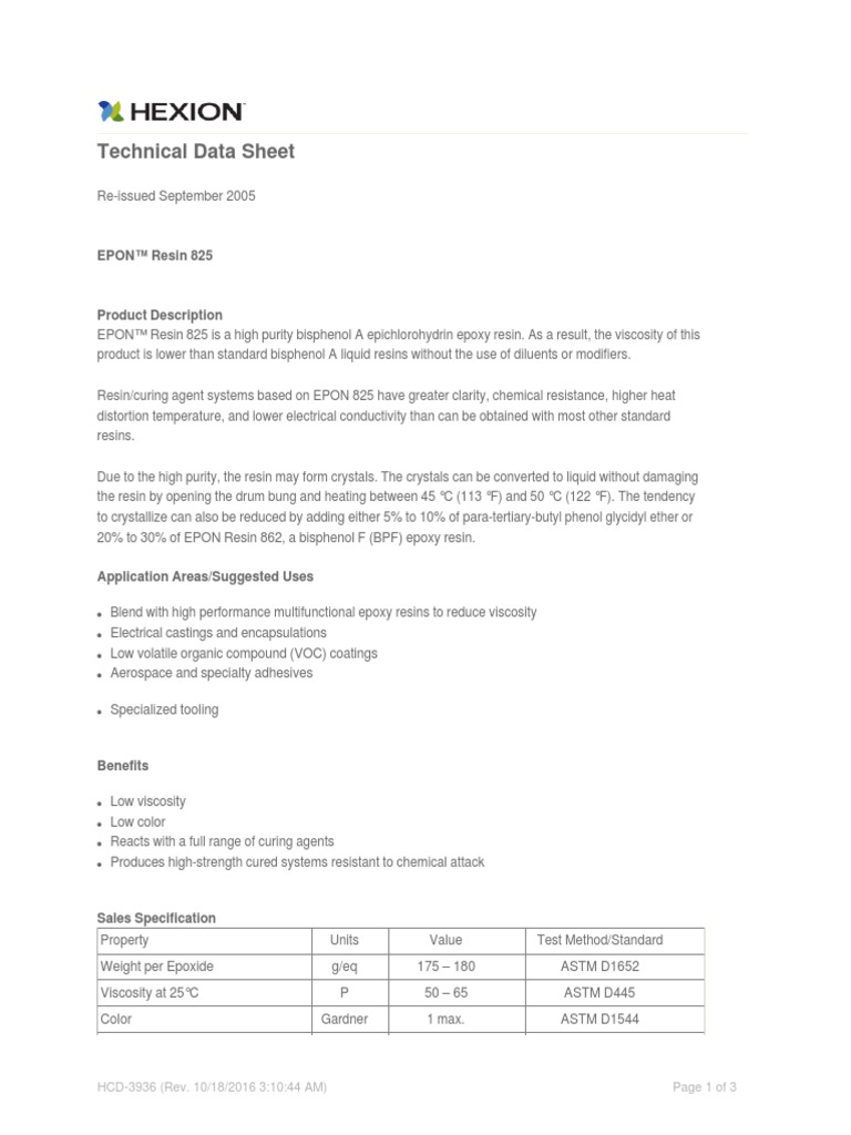 Technical Data Sheet: EPON™ Resin 825 | PDF | Epoxy | Chemical Substances