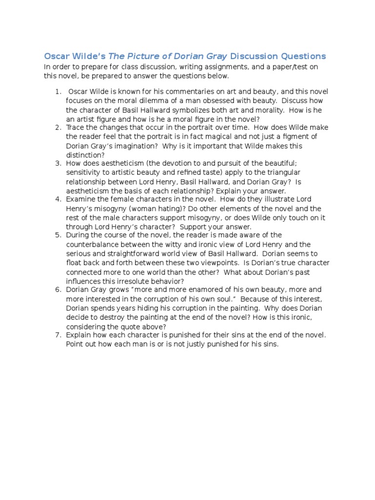 Dorian Gray Discussion Questions | PDF | The Picture Of Dorian Gray ...