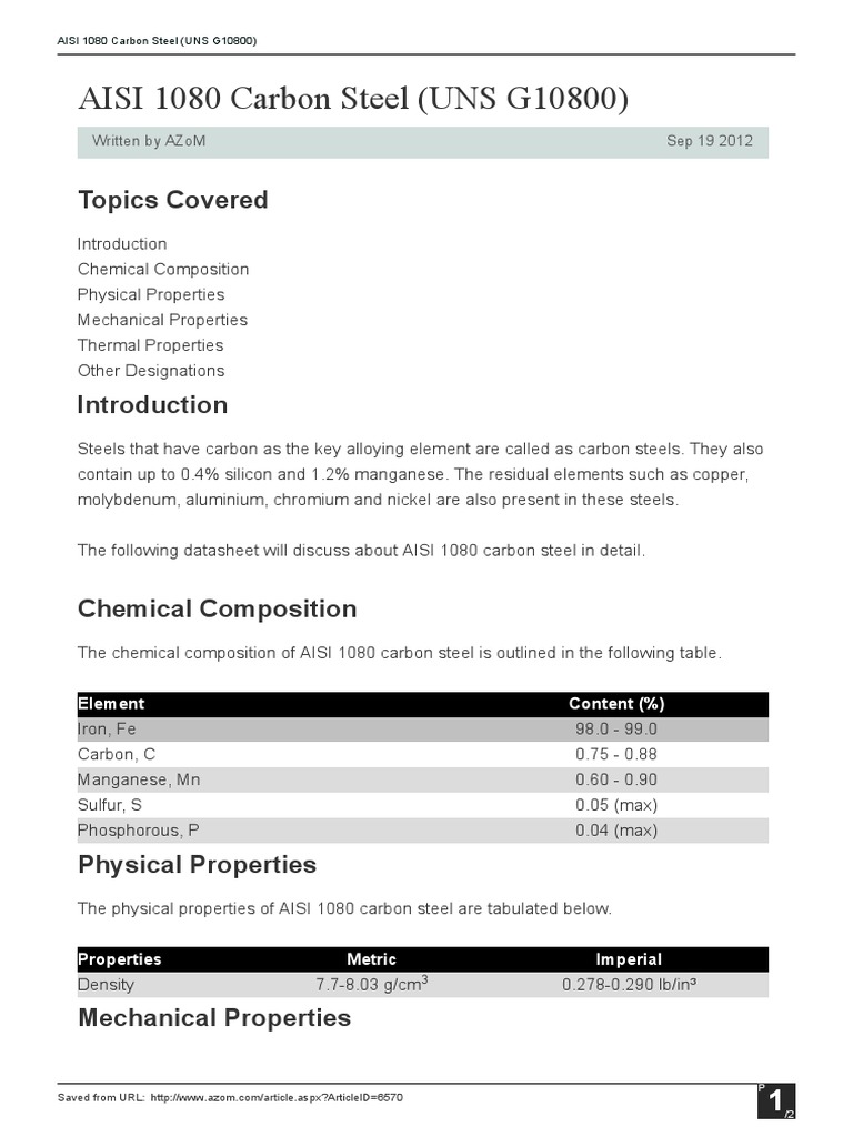 AISI 1080 Carbon Steel Properties | PDF | Sets Of Chemical Elements | Steel