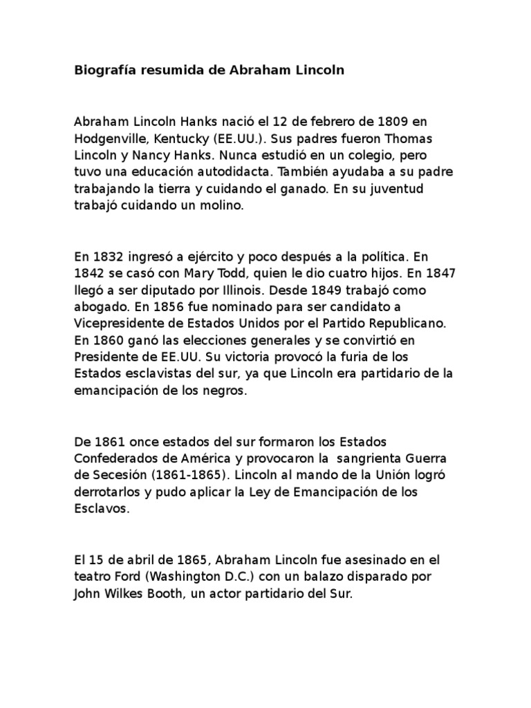Biografía breve de Abraham Lincoln | PDF