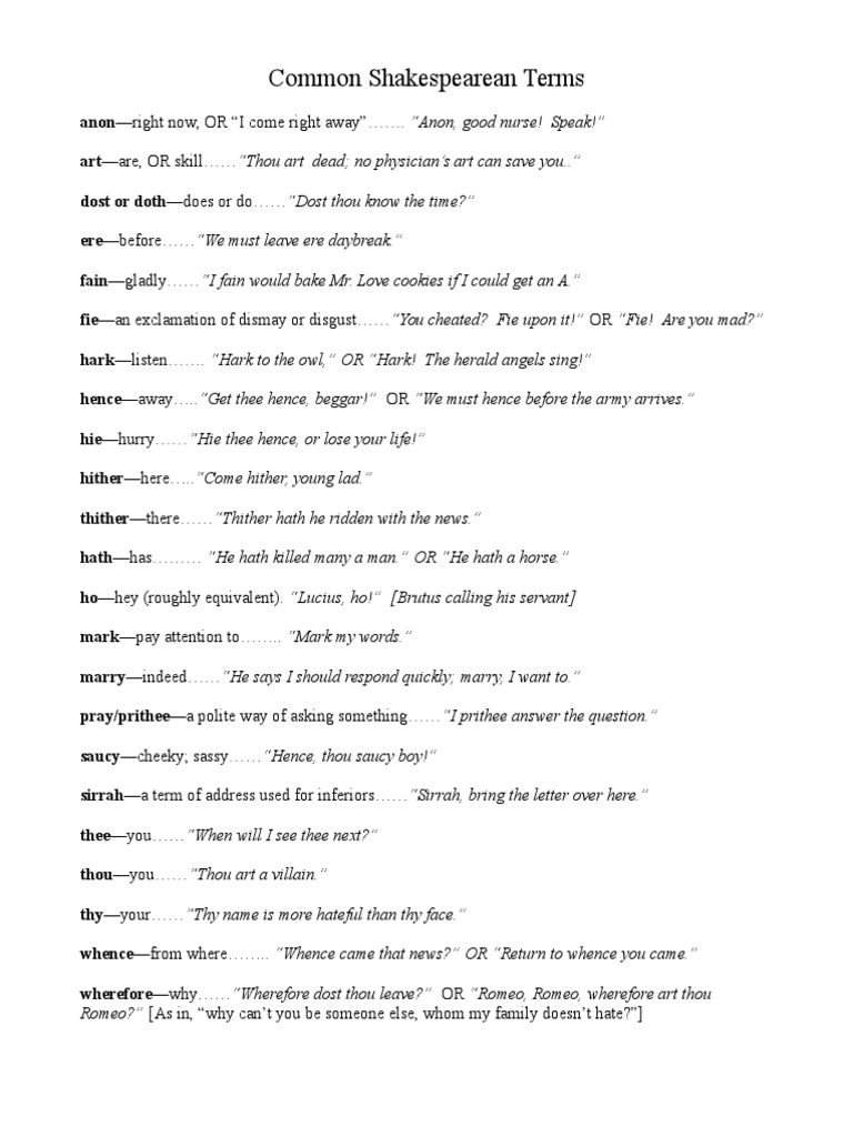Common Shakespearean Vocabulary Guide | PDF
