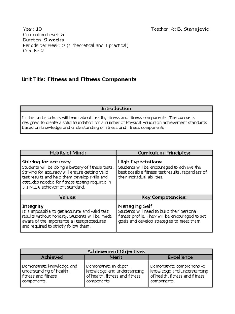 Unit Plan 15 - Fitness | PDF