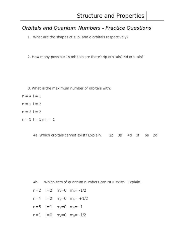 Structure and Properties: Orbitals and Quantum Numbers - Practice ...