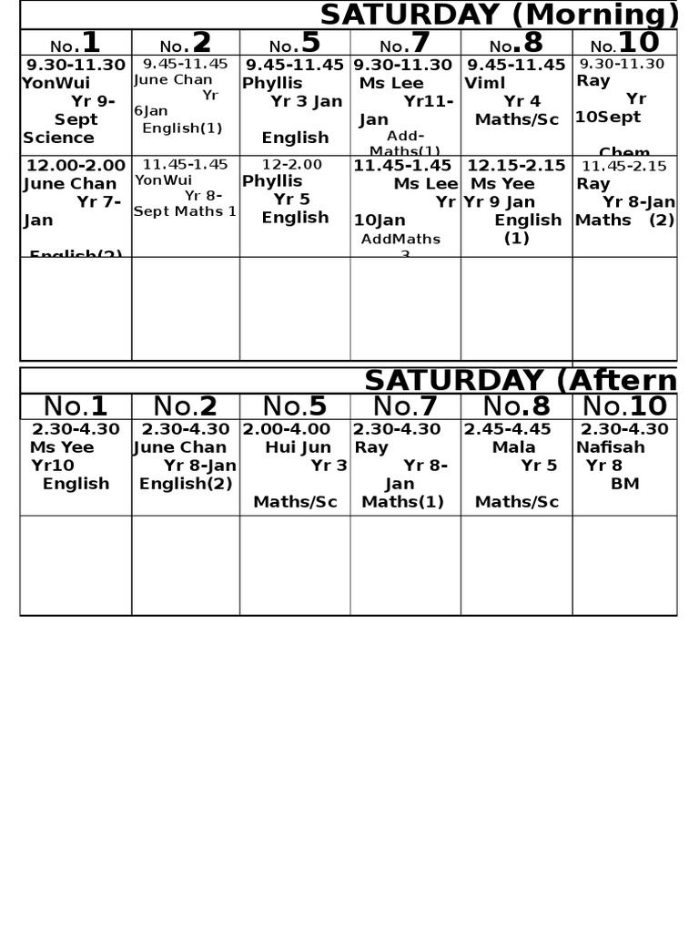 Saturday Tuition Timetable | PDF