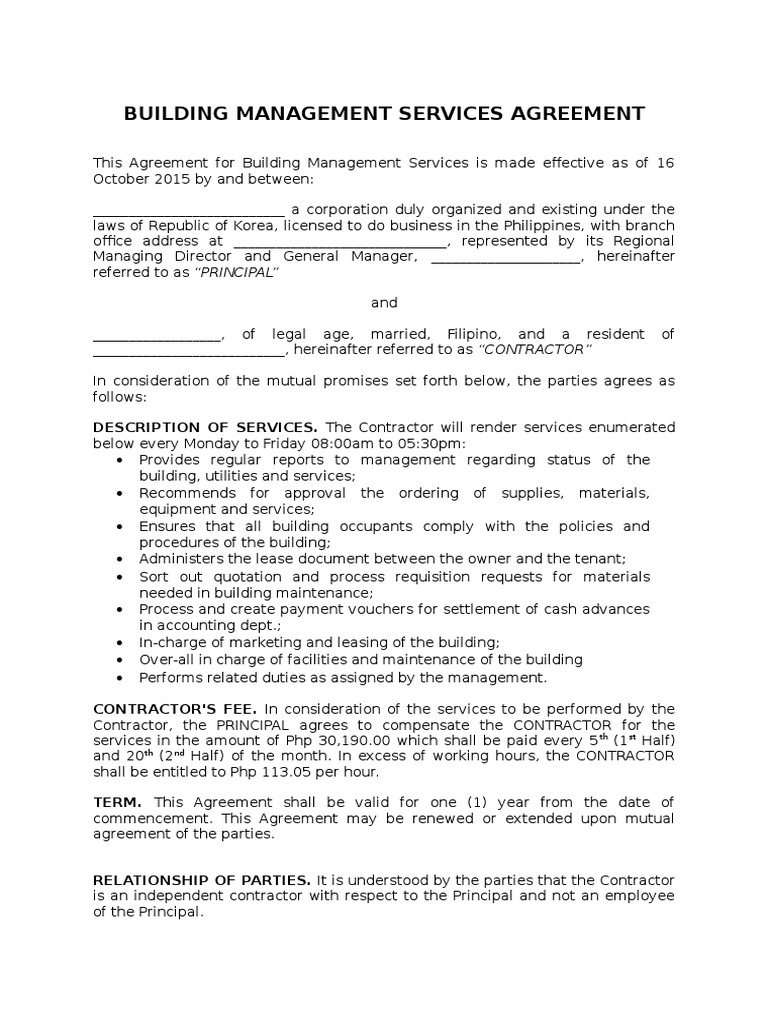Building Management Service Agreement | PDF | Lease | Virtue
