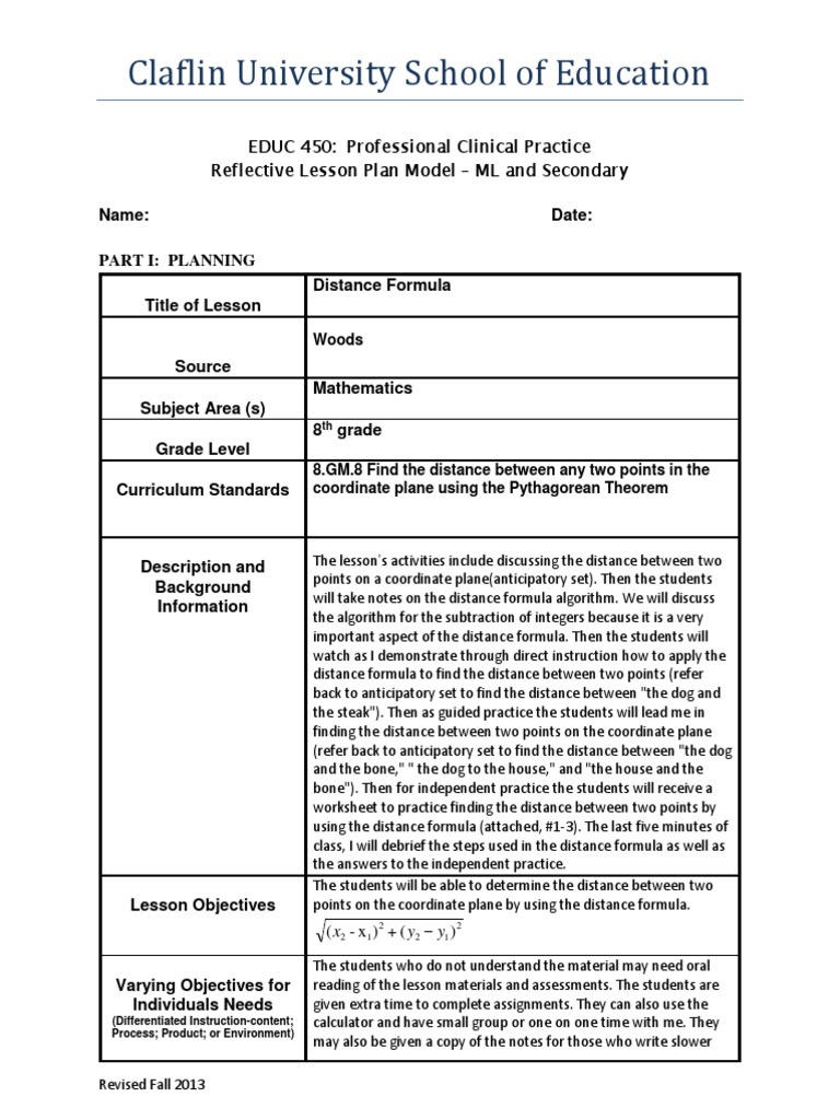 reflective lesson plan 6 distance formula | Lesson Plan | Teachers