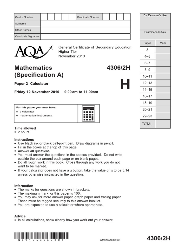 AQA GCSE Maths Linear Calculator Higher Nov 2010 Question Paper | Waist ...