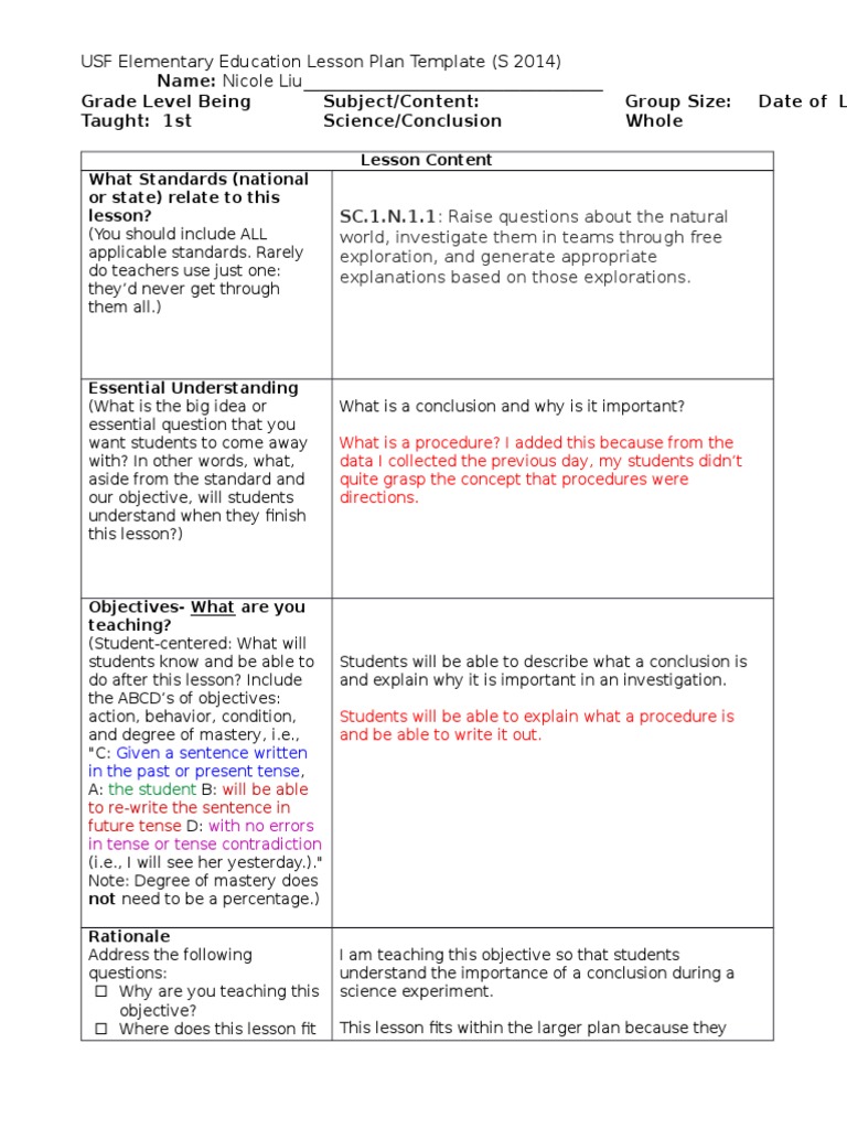 Name: Nicole Liu - Grade Level Being Taught: 1st Subject/Content ...