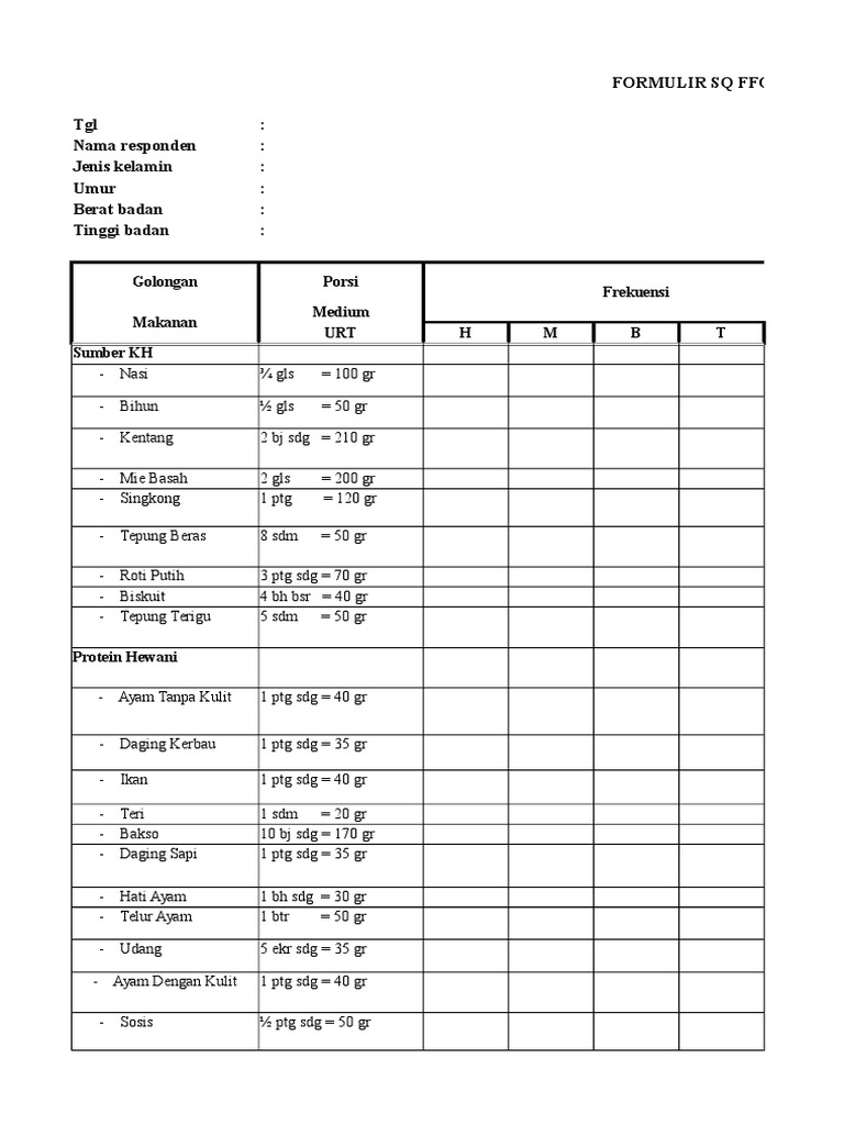 Dietary Intake Survey Form | PDF