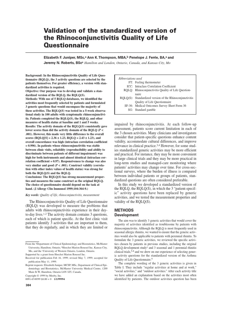 Validation of The Standardized Version of RQLQ Juniper1999 | PDF ...