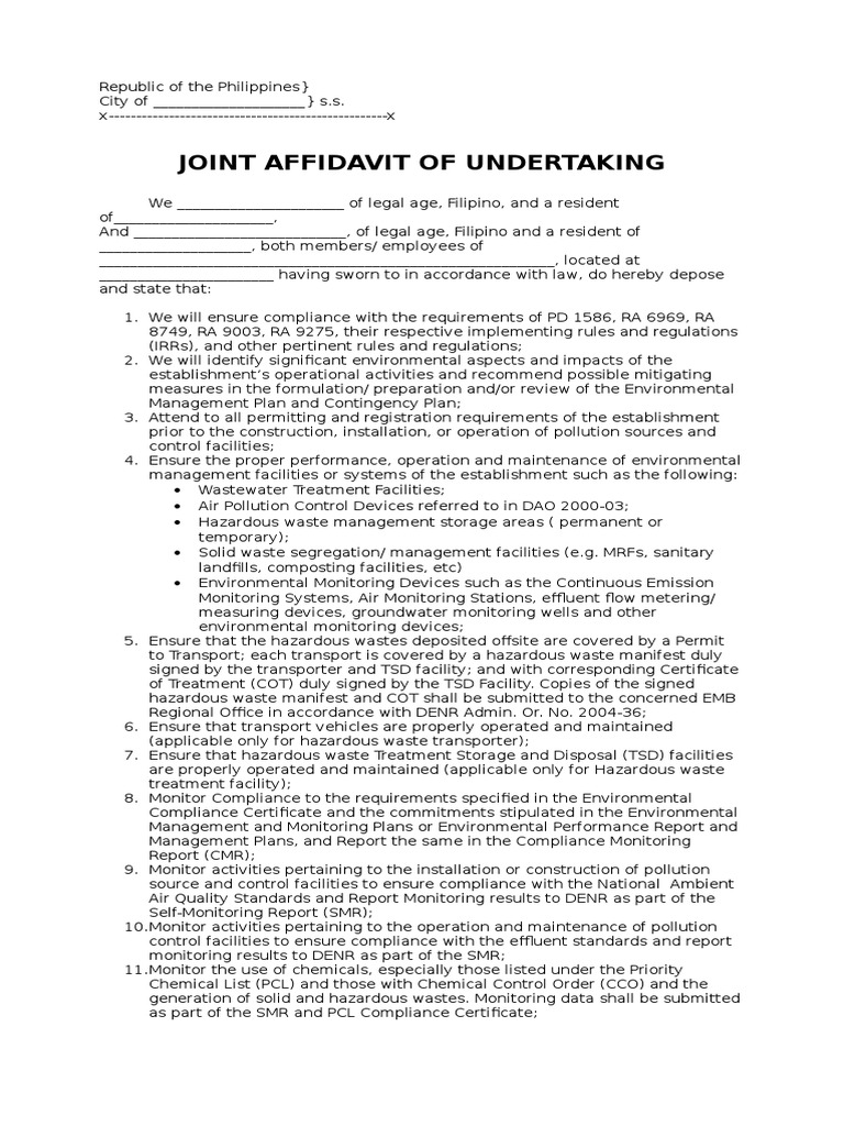 Joint Affidavit of Undertaking | PDF | Hazardous Waste | Waste