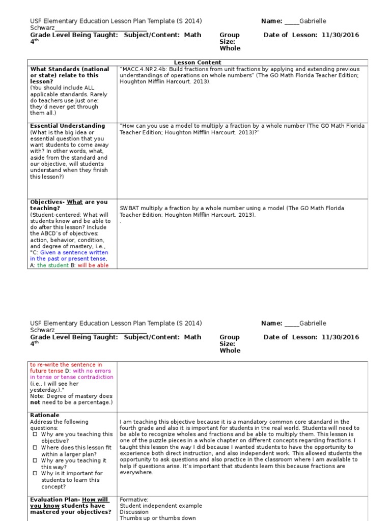USF Elementary Education Lesson Plan Template (S 2014) Schwarz | PDF ...