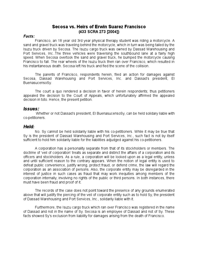 Secosa Vs Heirs of Erwin Suarez Francisco | PDF | Legal Personality ...