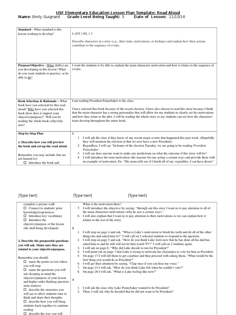 3rd Grade Read Aloud Lesson Plan | PDF | Lesson Plan | Motivation