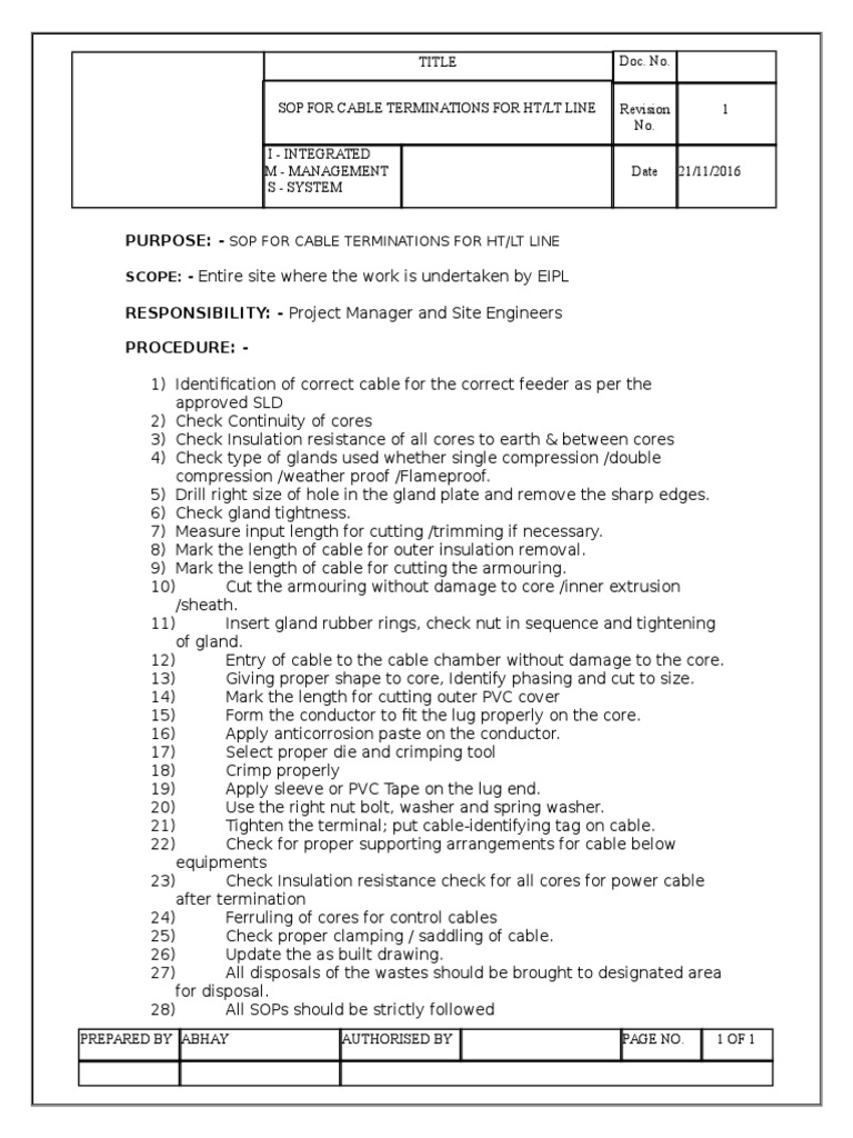 12-SOP For Cable Terminations | PDF