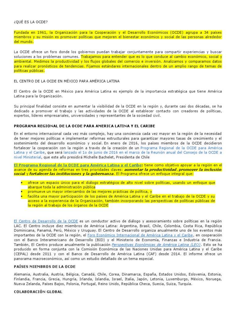 QUÉ ES LA OCDE | PDF | Organización para la cooperación económica y el desarrollo | America latina