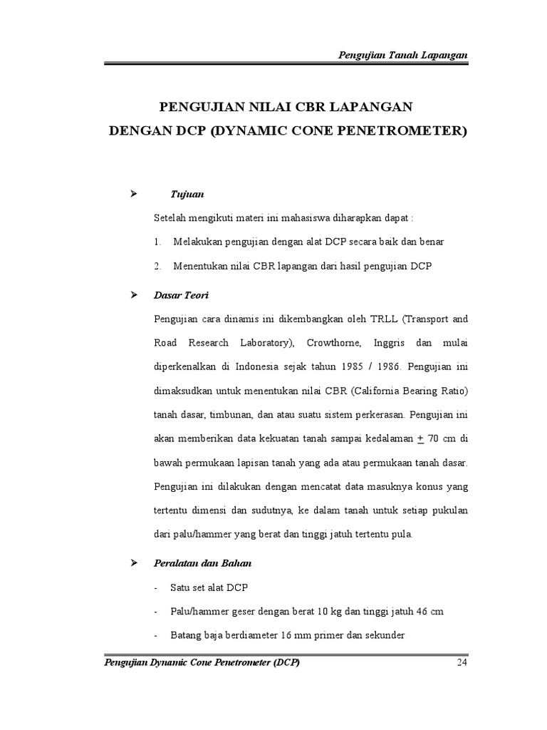 Pengujian Nilai CBR Lapangan Dengan DCP (Dynamic Cone Penetrometer) | PDF