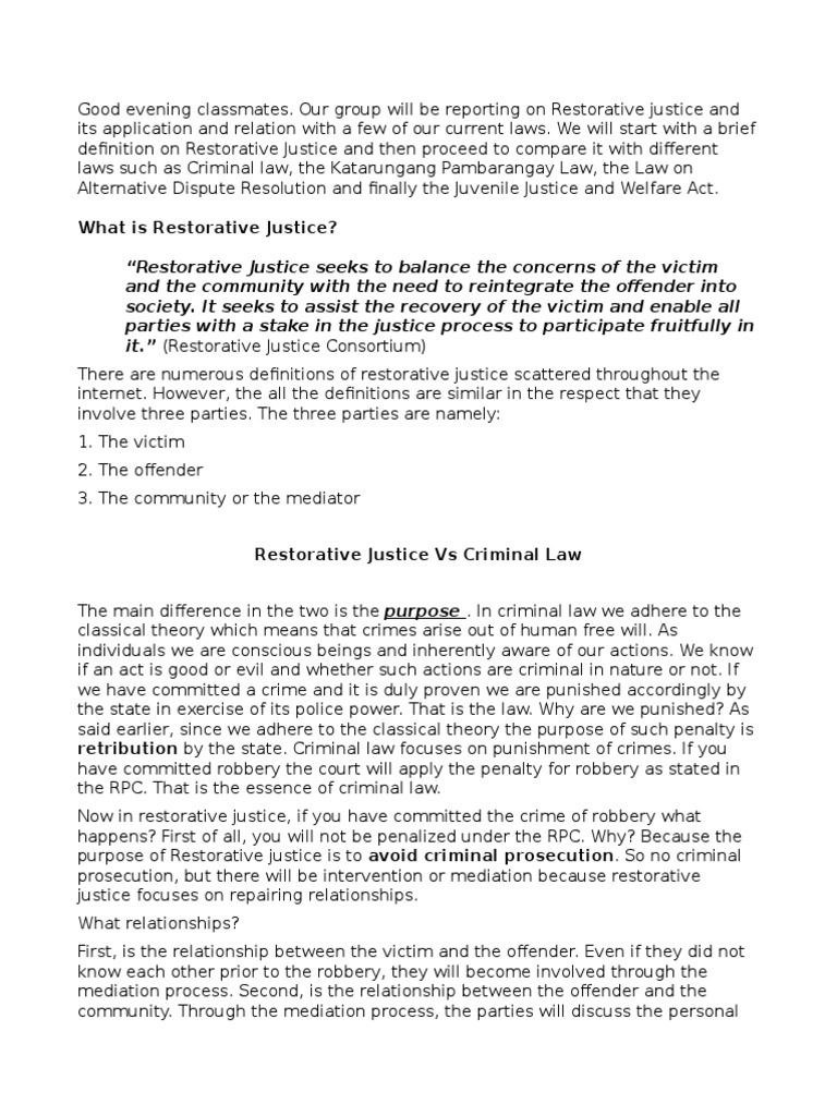 A Comparative Analysis of Restorative Justice and its Application in Relation to Criminal Law ...